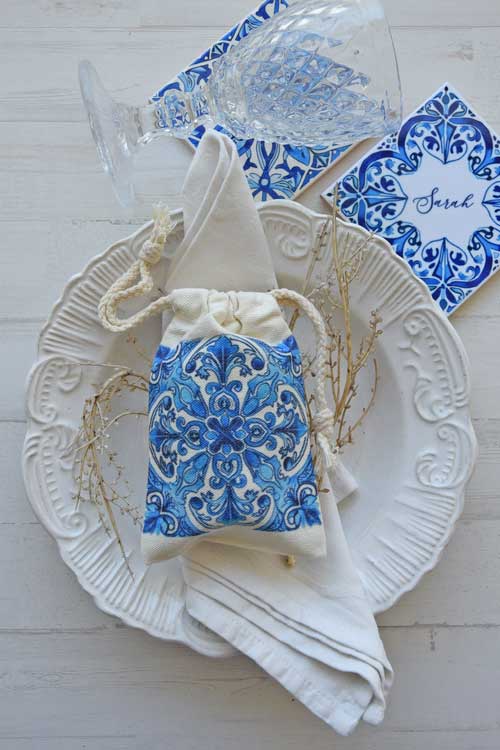 Medium Blue Tile Drawstring Bags - Pack of 5, 6x4 in