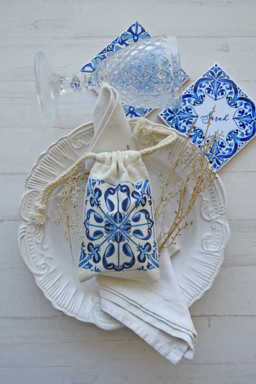 Medium Blue Tile Drawstring Bags - Pack of 5, 6x4 in