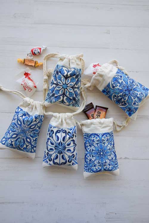 Medium Blue Tile Drawstring Bags - Pack of 5, 6x4 in